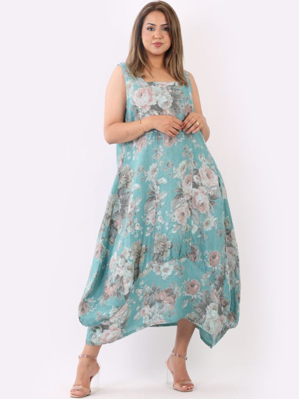 Italian Square Neck Floral Print Sleeveless Linen Dress | Molto Bella